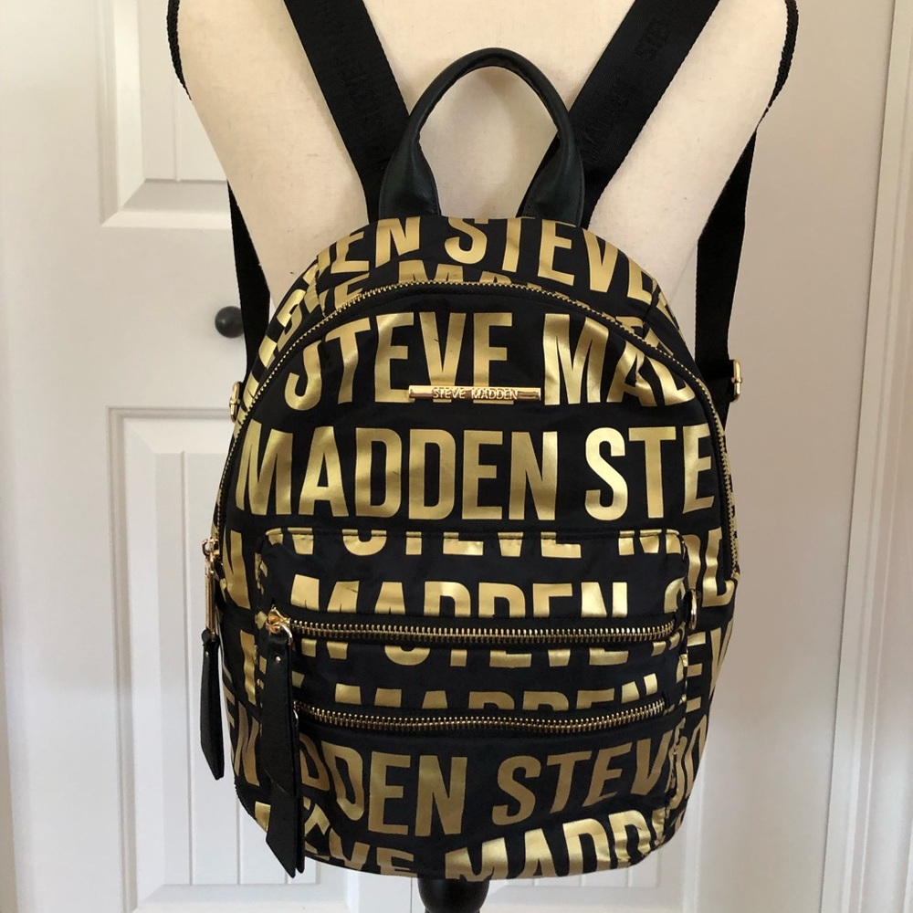 Steve Madden Canvas Black W/Gold Logo Backpack. - Gem